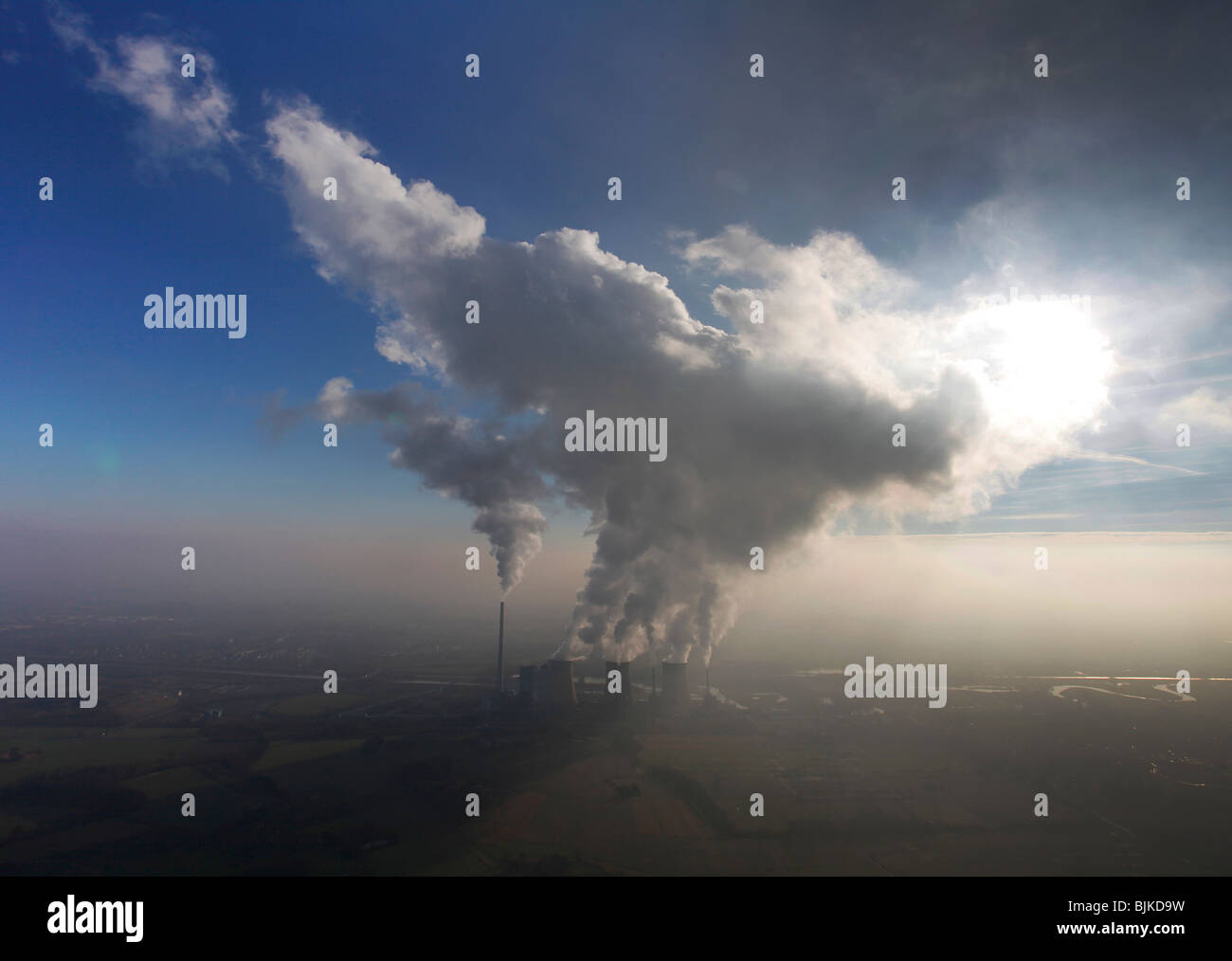Aerial photo, Gersteinwerk coal power plant in the haze with a cloud ...