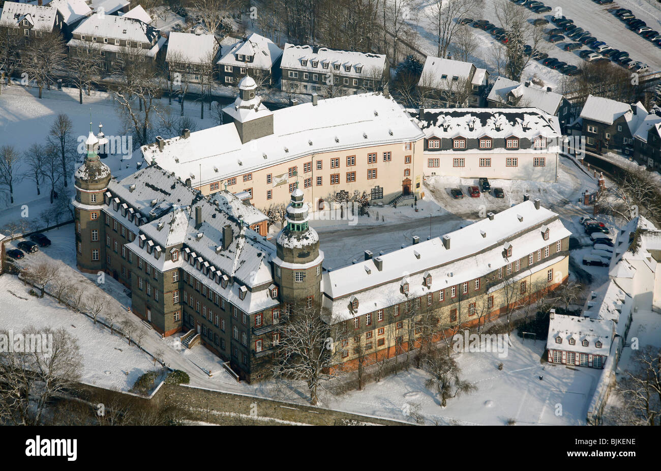 Aerial photo, Schloss Berleburg Castle in the snow in winter, Bad ...