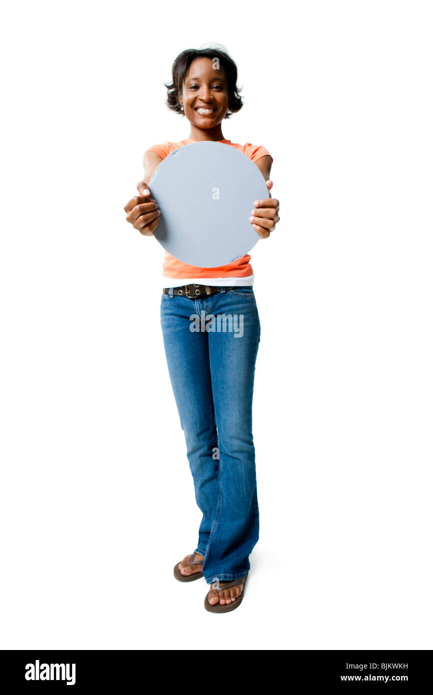 Woman standing with blank sign Stock Photo - Alamy