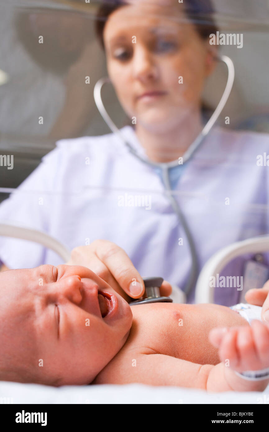 Nurse examining newborn in incubator Stock Photo - Alamy