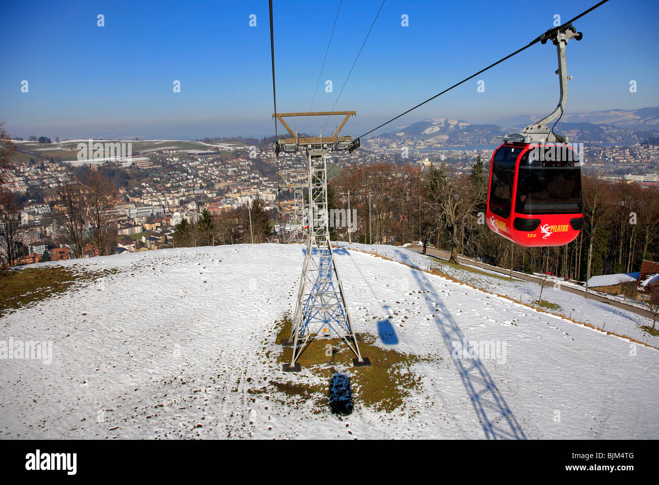 Red Cable Cars on the way to Mount Pilatus a recreational mountain at ...