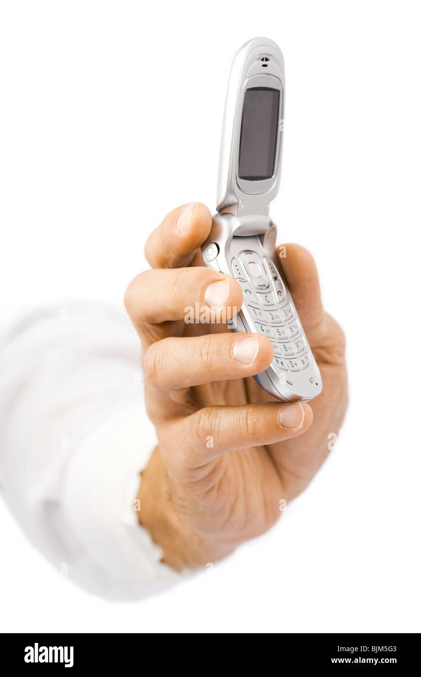 Hand holding flip phone Stock Photo - Alamy