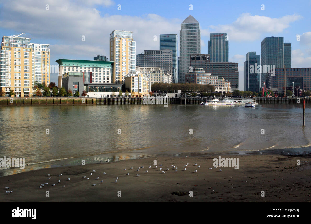 View of Canary Wharf, taken from the Thames beach at low tide ...