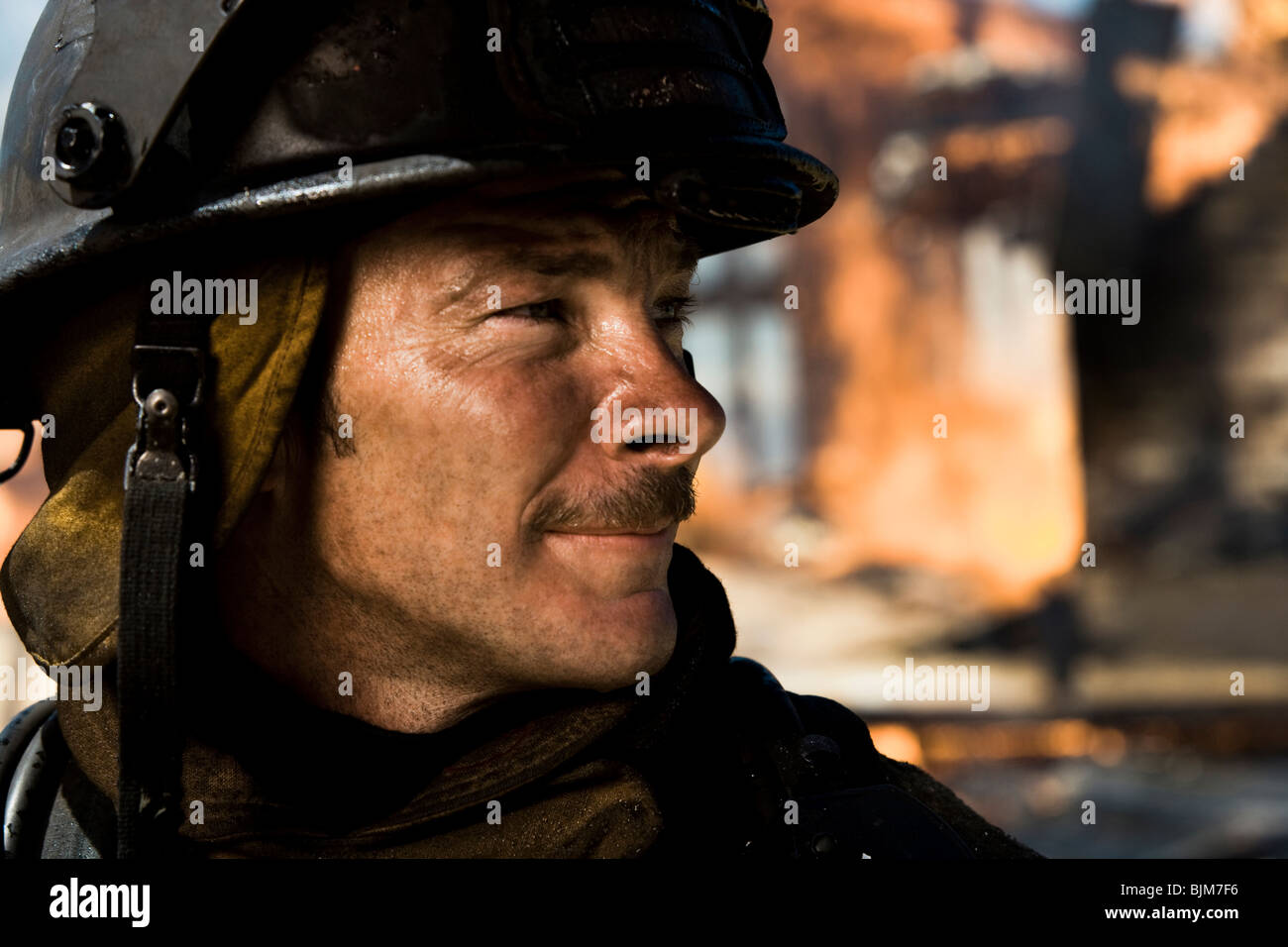 Portrait Firefighter Fire In Background High Resolution Stock ...