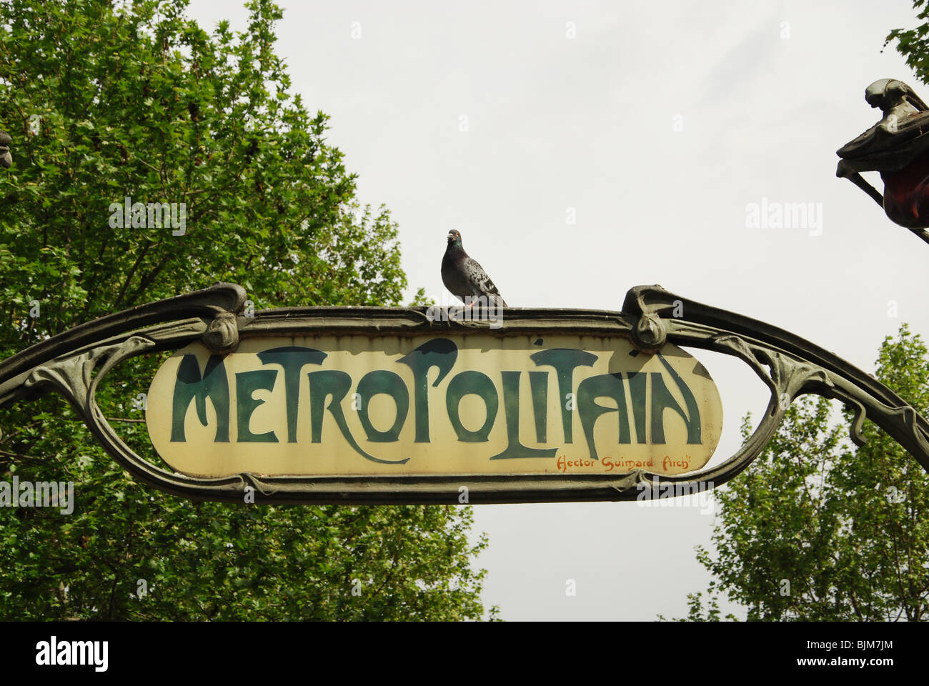 detail of Metropolitan sign with bird at metro entrance Paris France ...