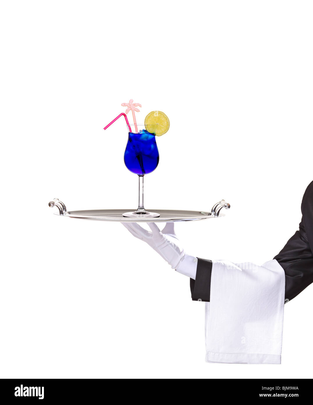 A butler holding a silver tray with cocktail on it Stock Photo - Alamy