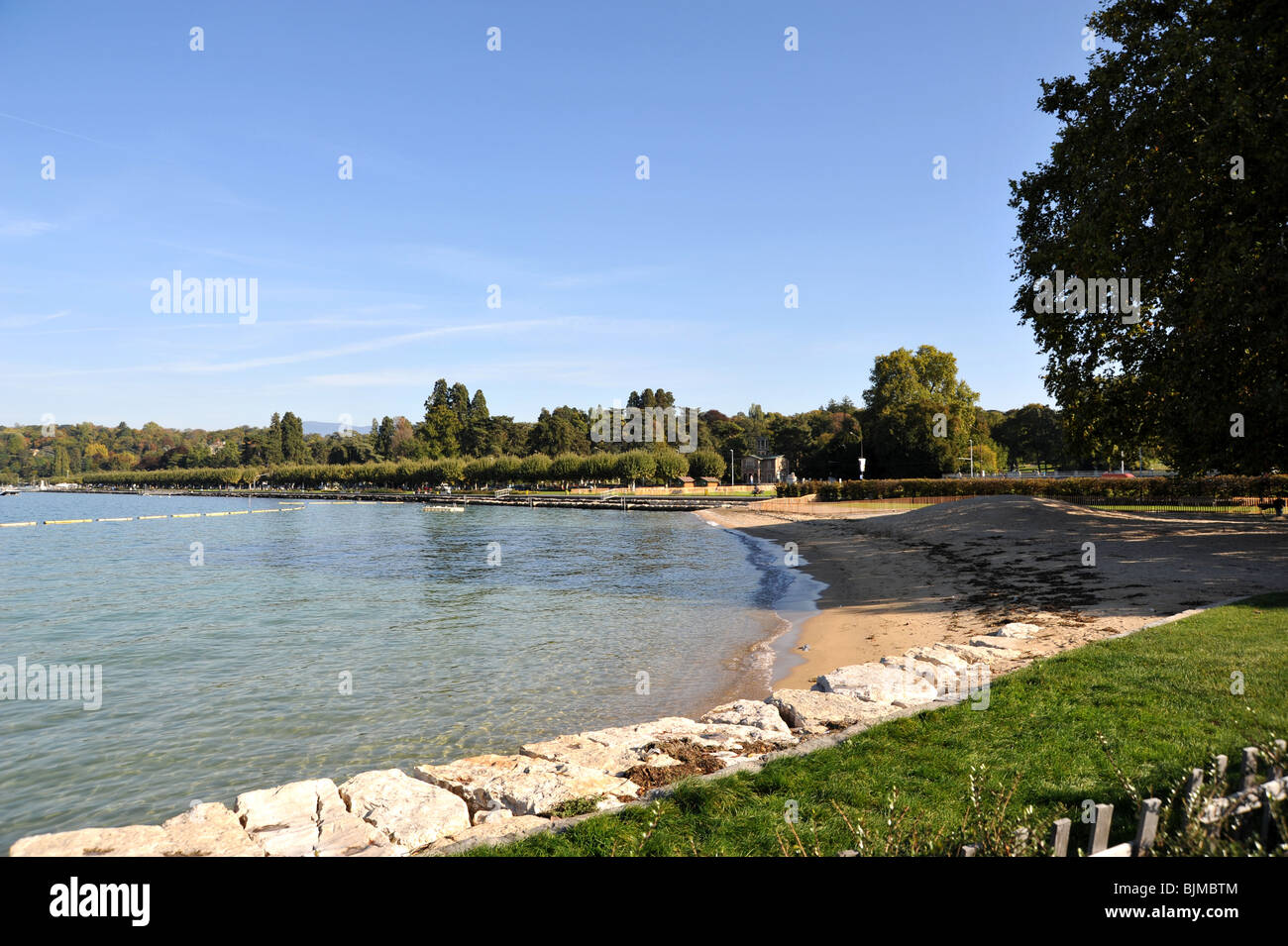 The small sandy beach on Lake Geneva in the city of Geneva, Switzerland ...
