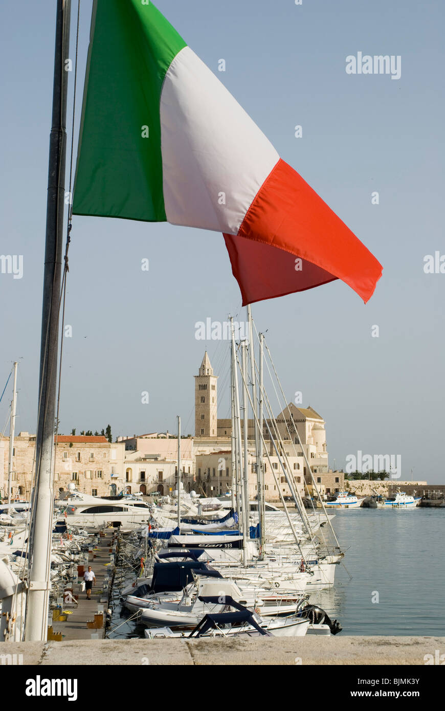 Italy, Apulia, Trani, waterfront Cathedral, harbour, Italian flag Stock ...