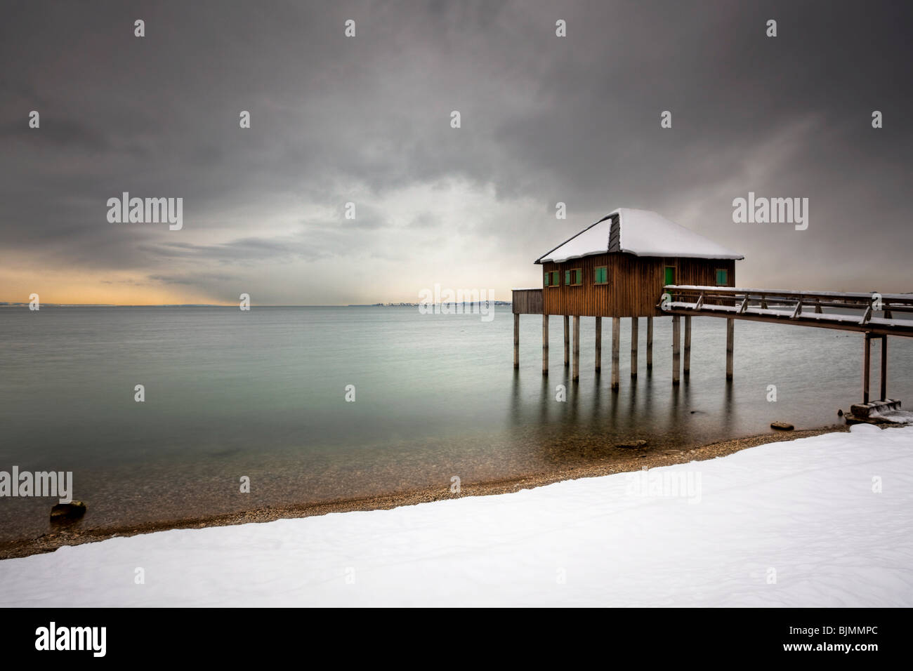 Bath house in winter at Lake Constance in Bregenz, Austria, Europe ...