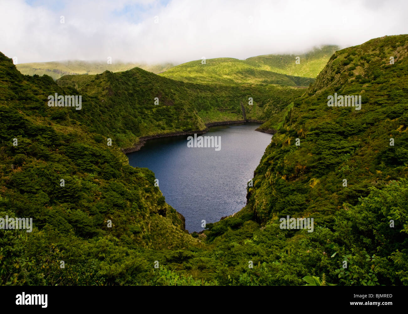 A caldeira, or crater lake, on the island of Flores, in the Azores ...
