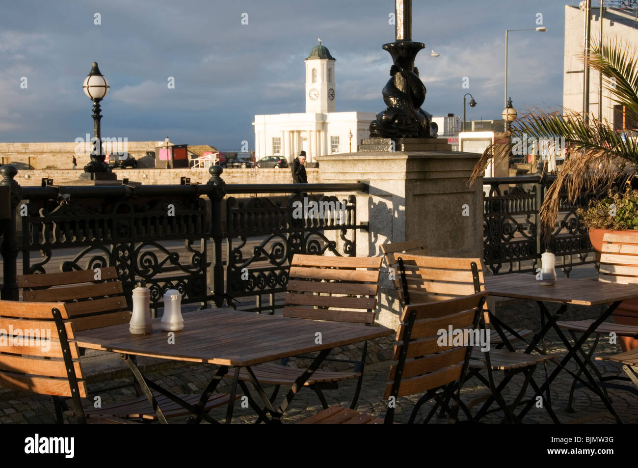 Tables outside a fish and chip shop on Margate sea-front Stock Photo ...