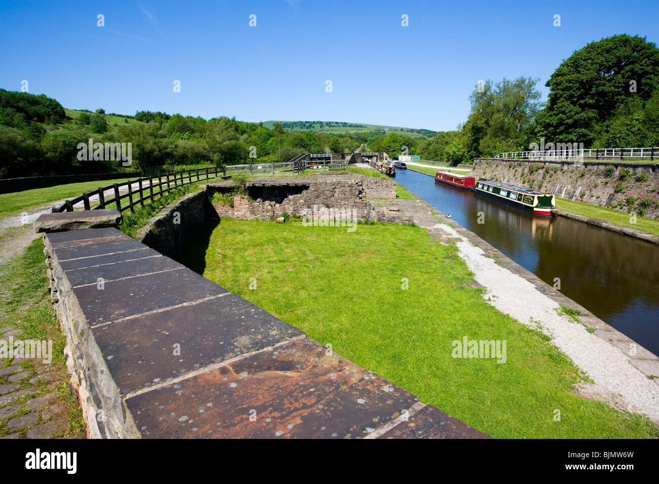 A view of Narrow Boats at Bugsworth Canal Basin near Whaley Bridge in ...
