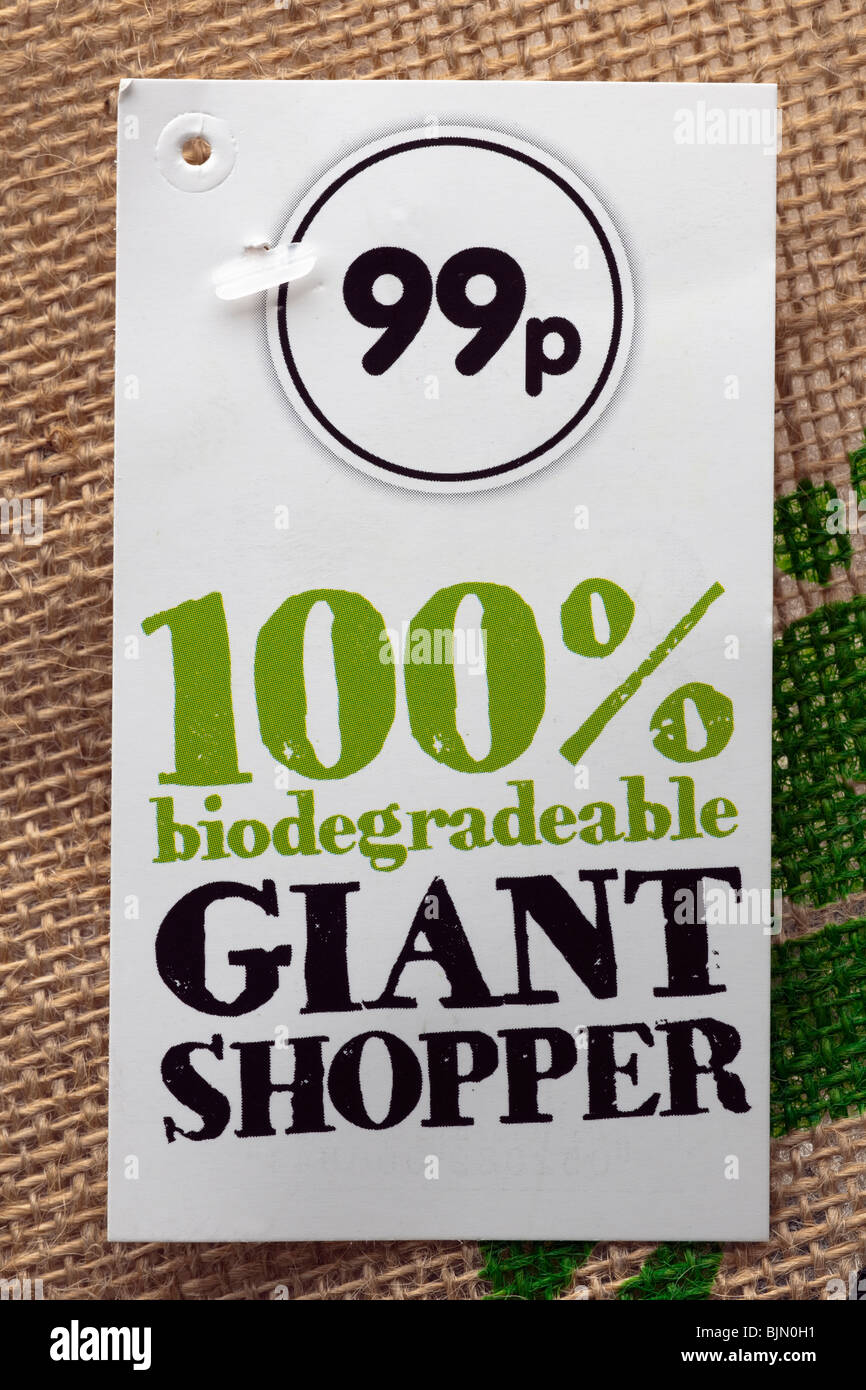 100% biodegradable Giant shopper price tag on a bag Stock Photo - Alamy