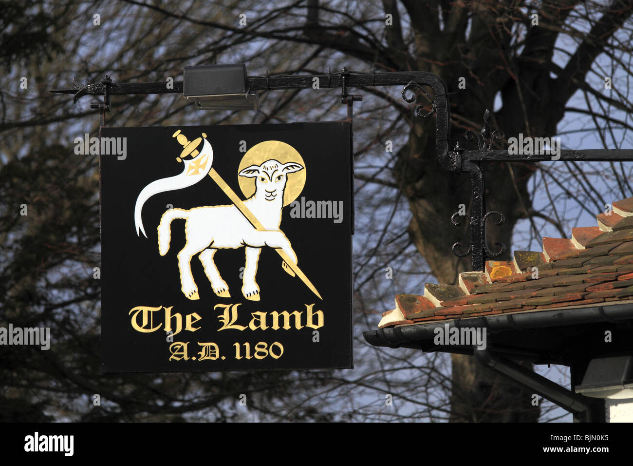 A hanging sign on The medieval Lamb Inn Public House and Restaurant in ...