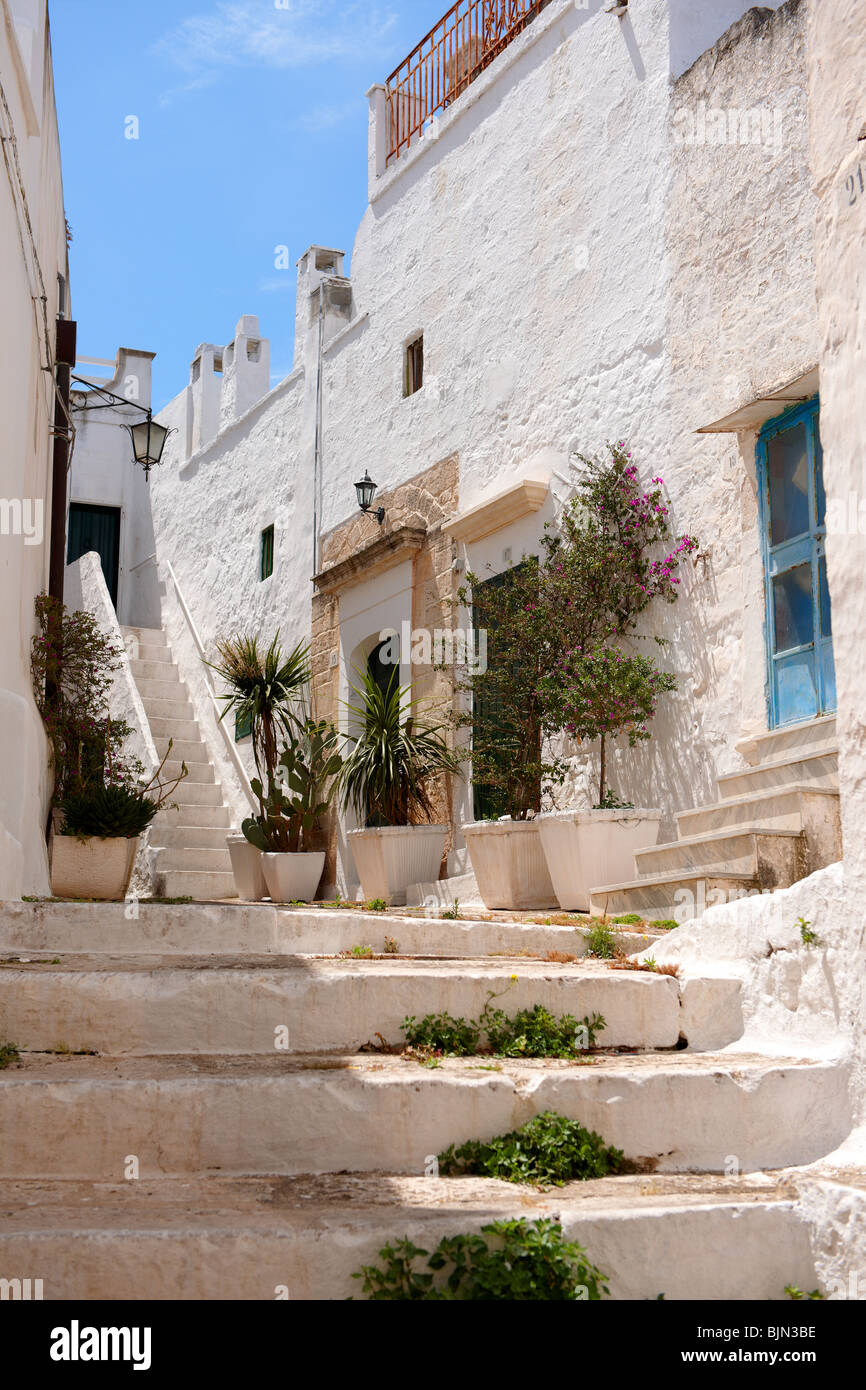 The alleys and narrow streets of the white city of Ostuni, Puglia ...