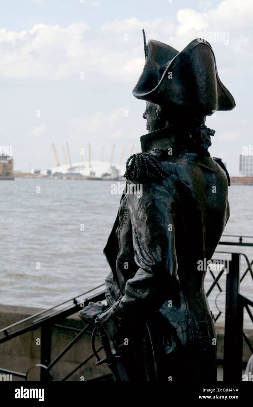 ADMIRAL NELSON STATUE BY THAMES IN Greenwich WITH MILLENNIUM DOME IN ...