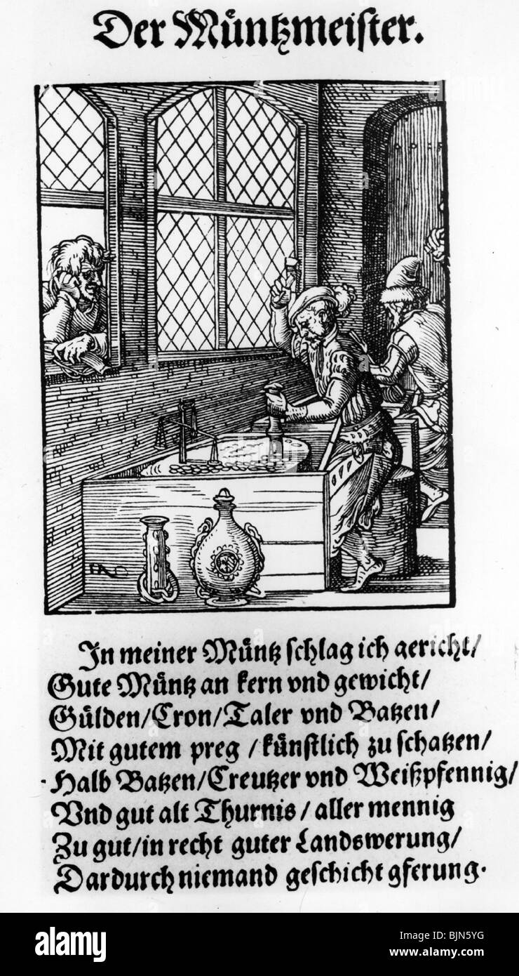 money / finance, "The Master of the Mint", woodcut by Jost Amman, from ...