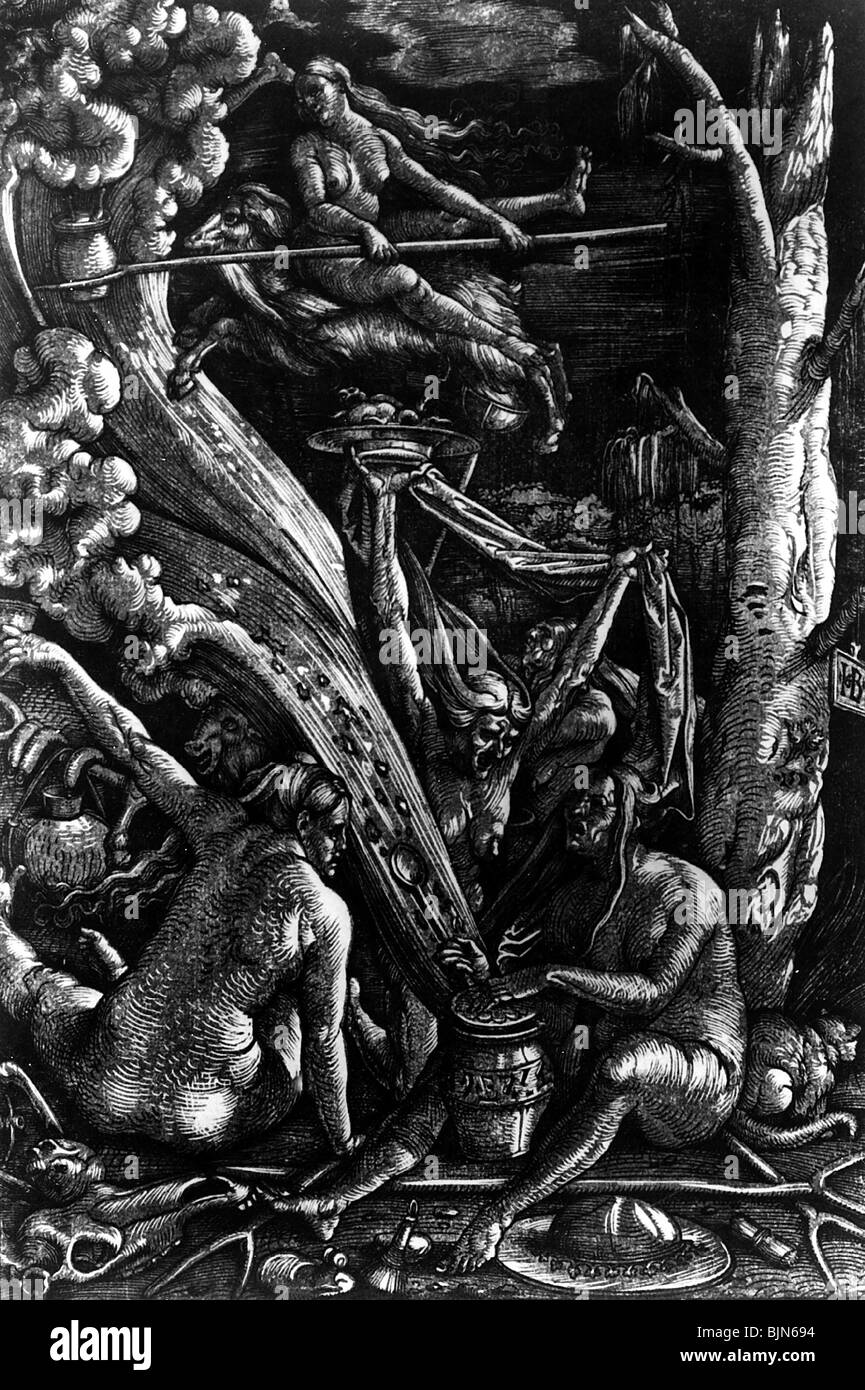 superstition, witchcraft, etching by Hans Baldung Grien, 16th century ...