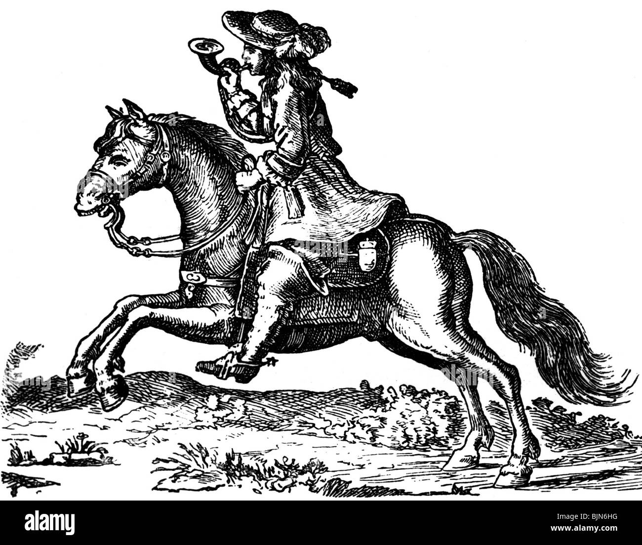 mail / post, postman, riding postillion blowing post horn, 17th century ...