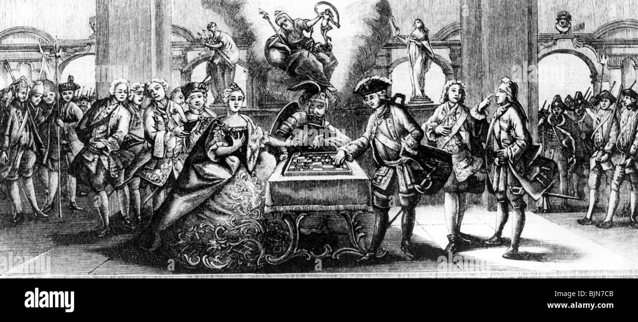 Seven Years War 1756 - 1763, allegory on the beginning of the war, Empress Maria Theresia and ...