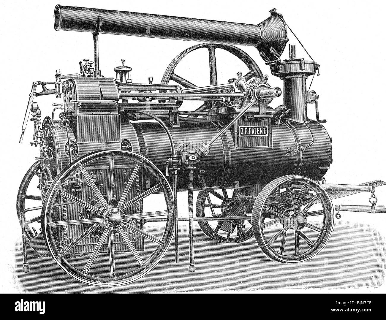 technics, steam engine, Lanz traction engine, wood engraving, circa ...