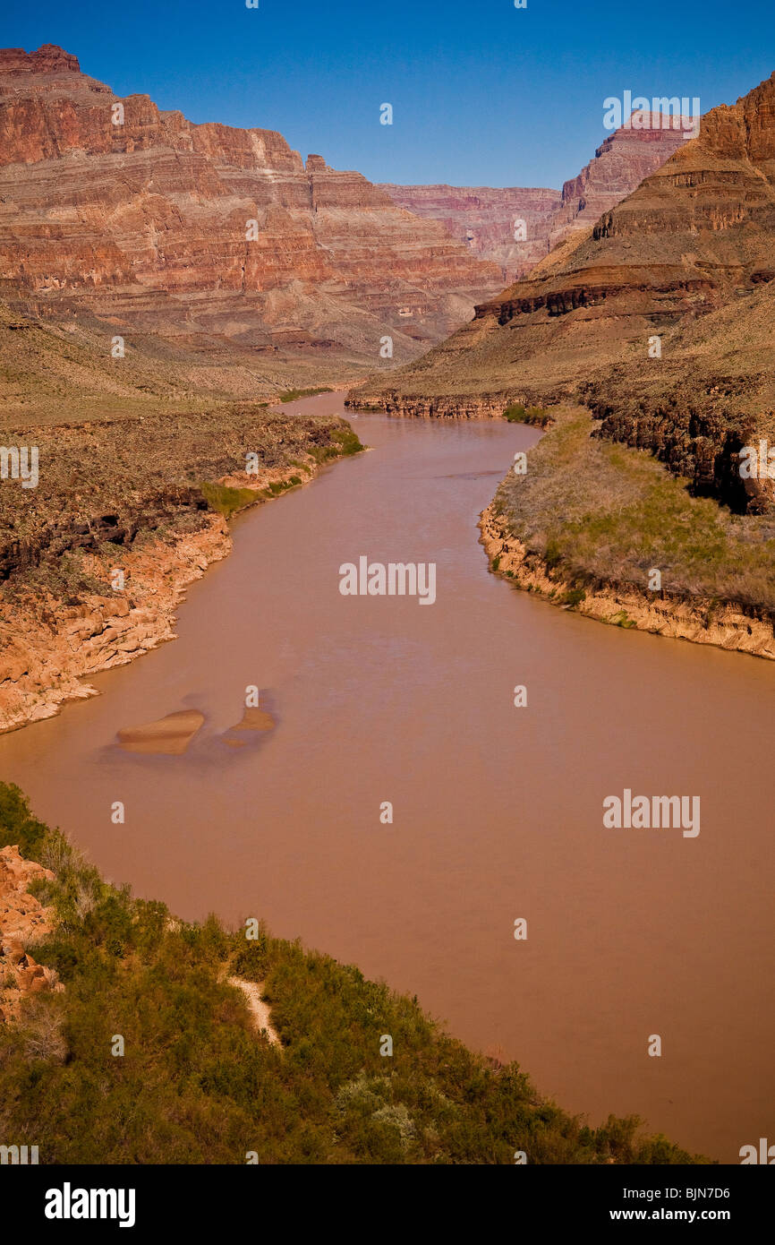 A view of the Colorado river at the base of the Bridge Canyon along the ...