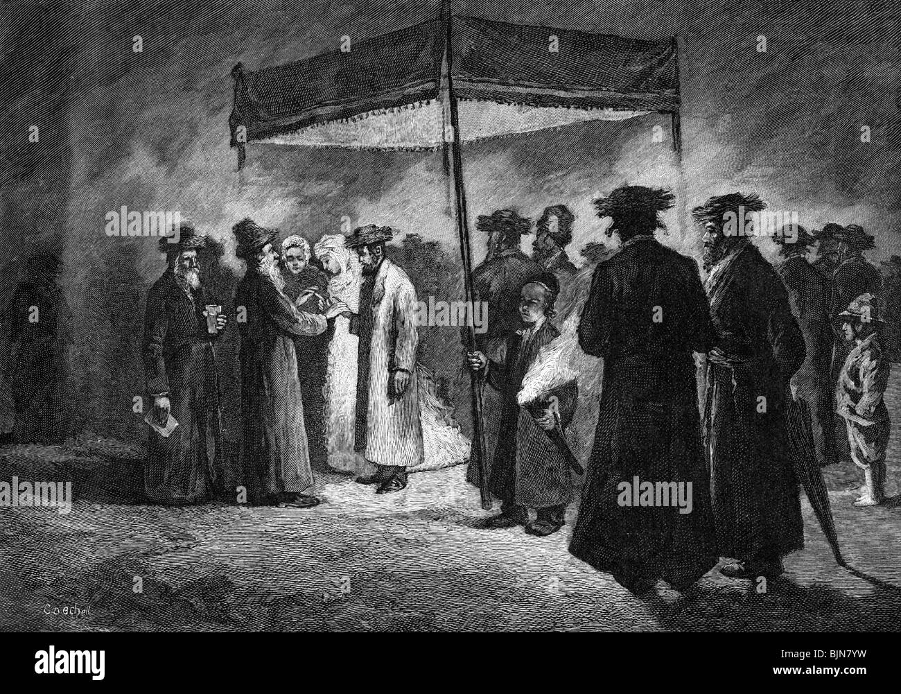 people, wedding, Jewish wedding ceremony, 19th century, Poland, wood ...