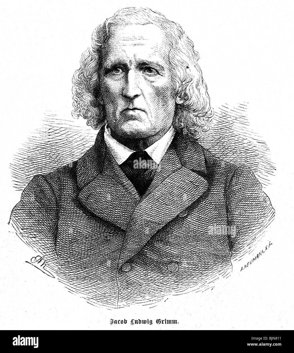 Grimm, Jakob 4.1.1785 - 20.9. 1863, German linguist, portrait, wood ...