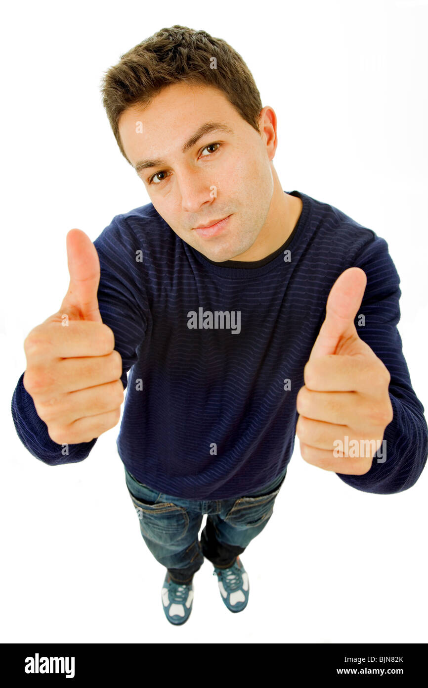young casual man going thumbs up in a white background Stock Photo - Alamy