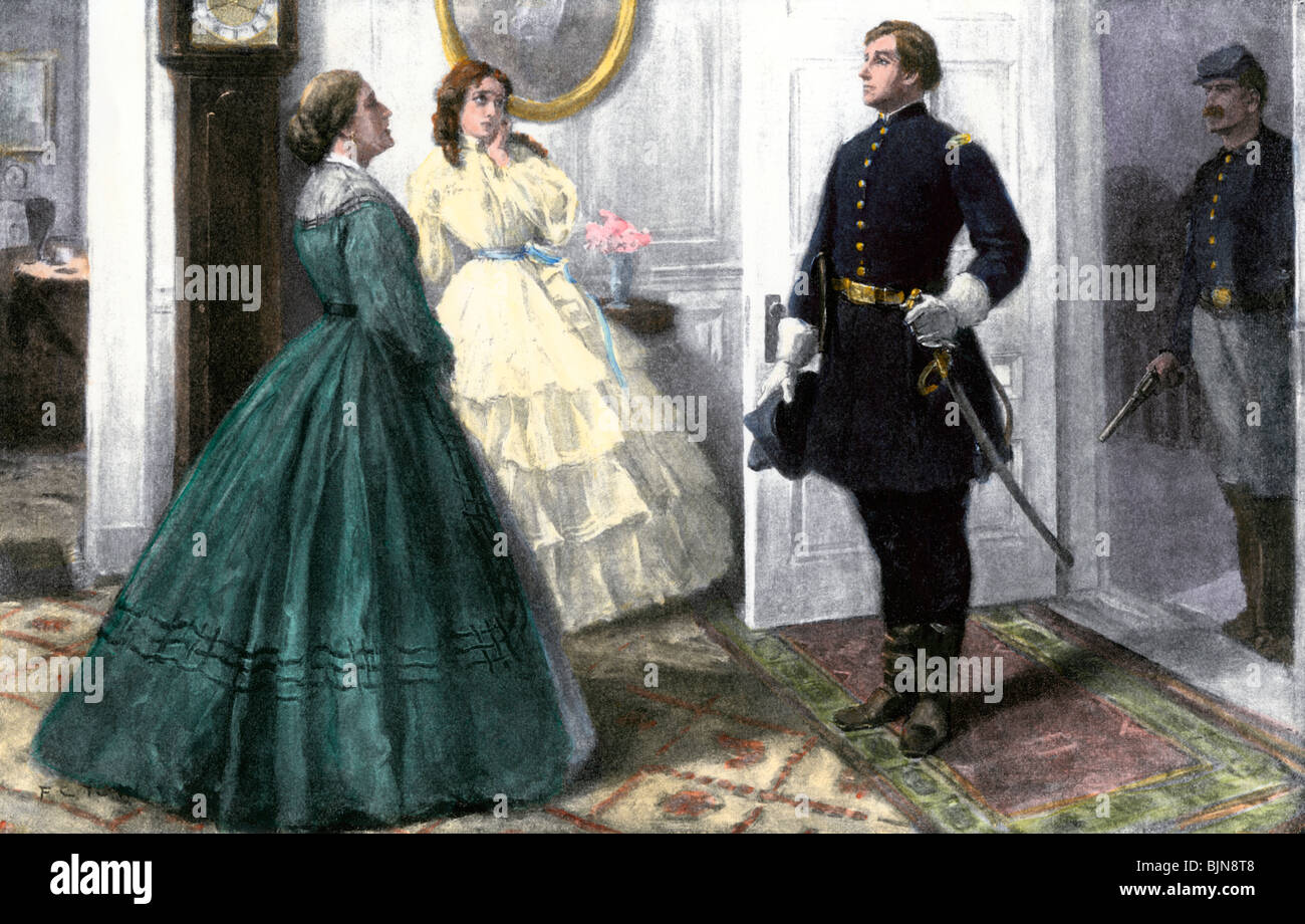 Union officer entering a civilian home, US Civil War. Hand-colored ...
