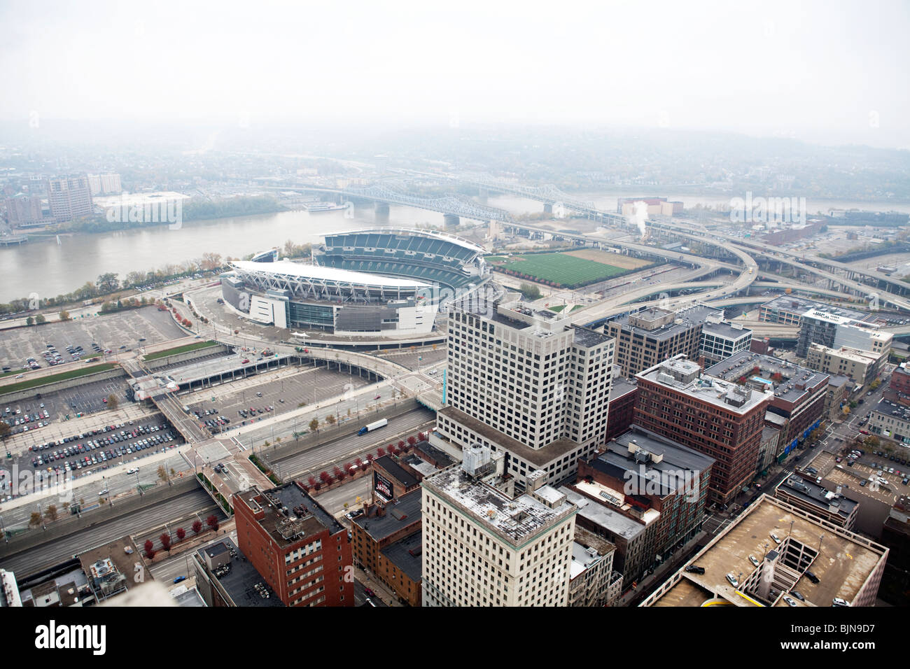 Aerial view of Cincinnati downtown and river Ohio with Paul Brown ...