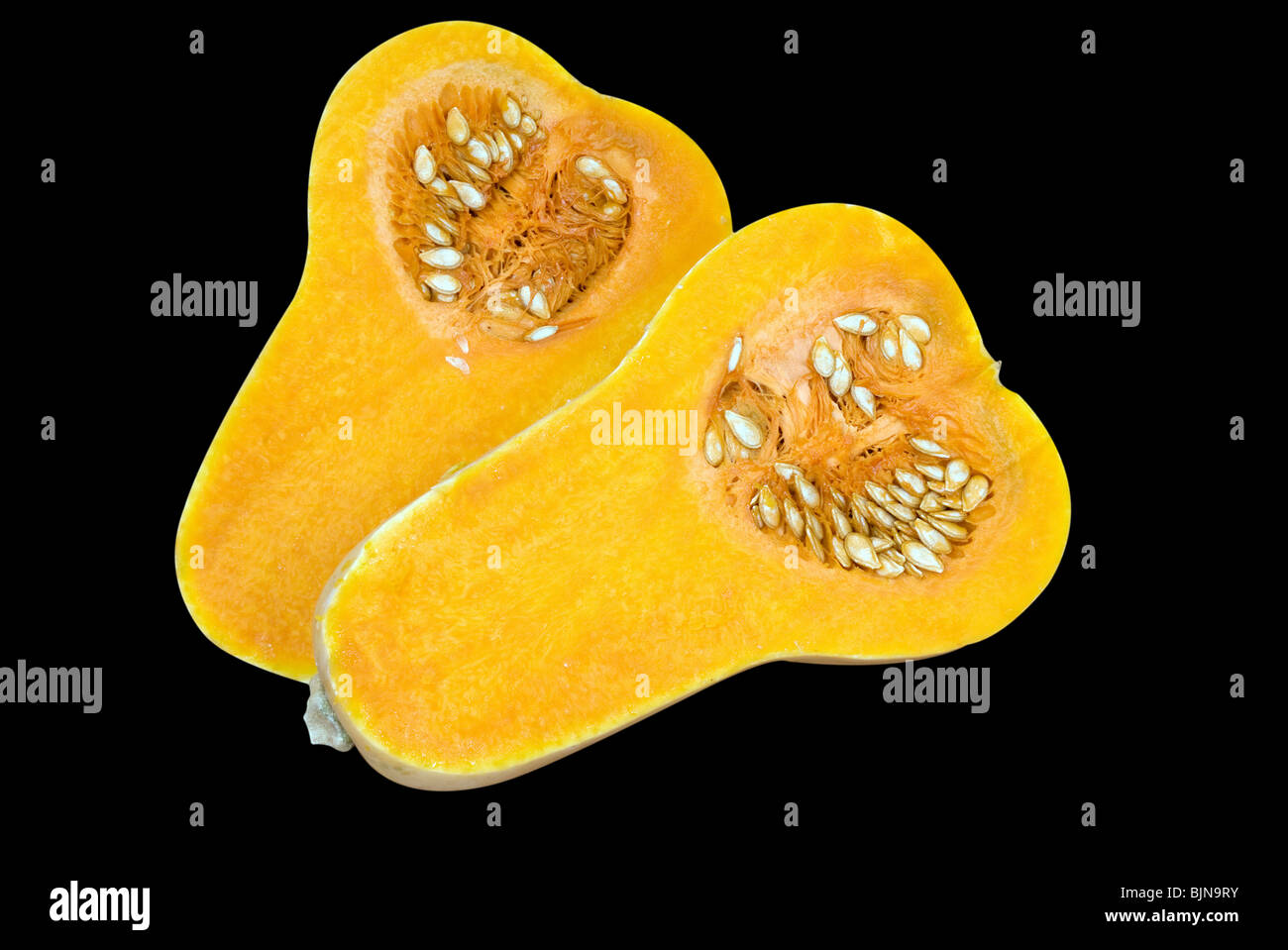 Butternut vegetable cut in half showing the bright orange flesh and ...