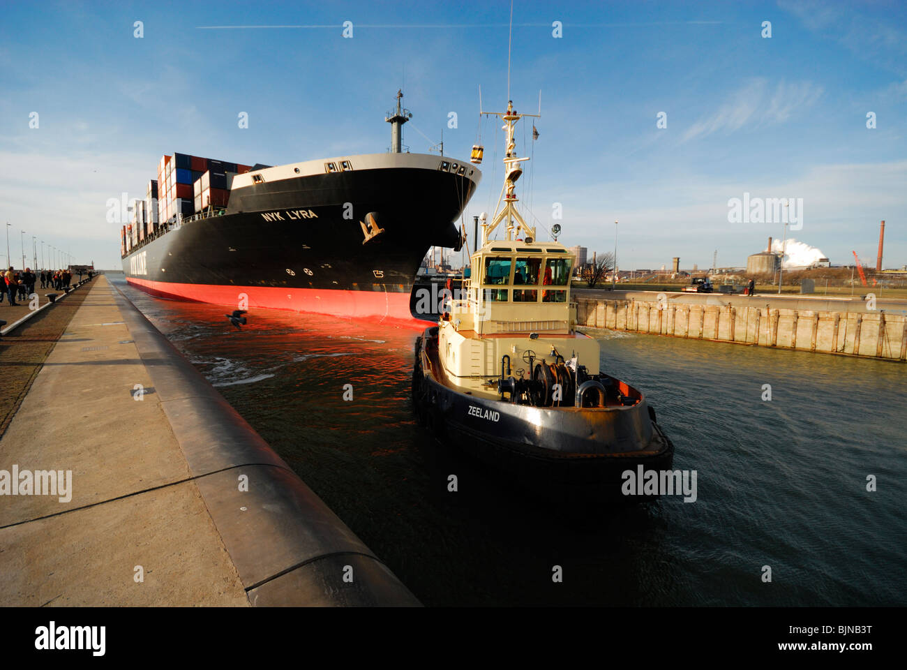 Huge container ship from NYK line in the harbor of IJmuiden, Holland ...