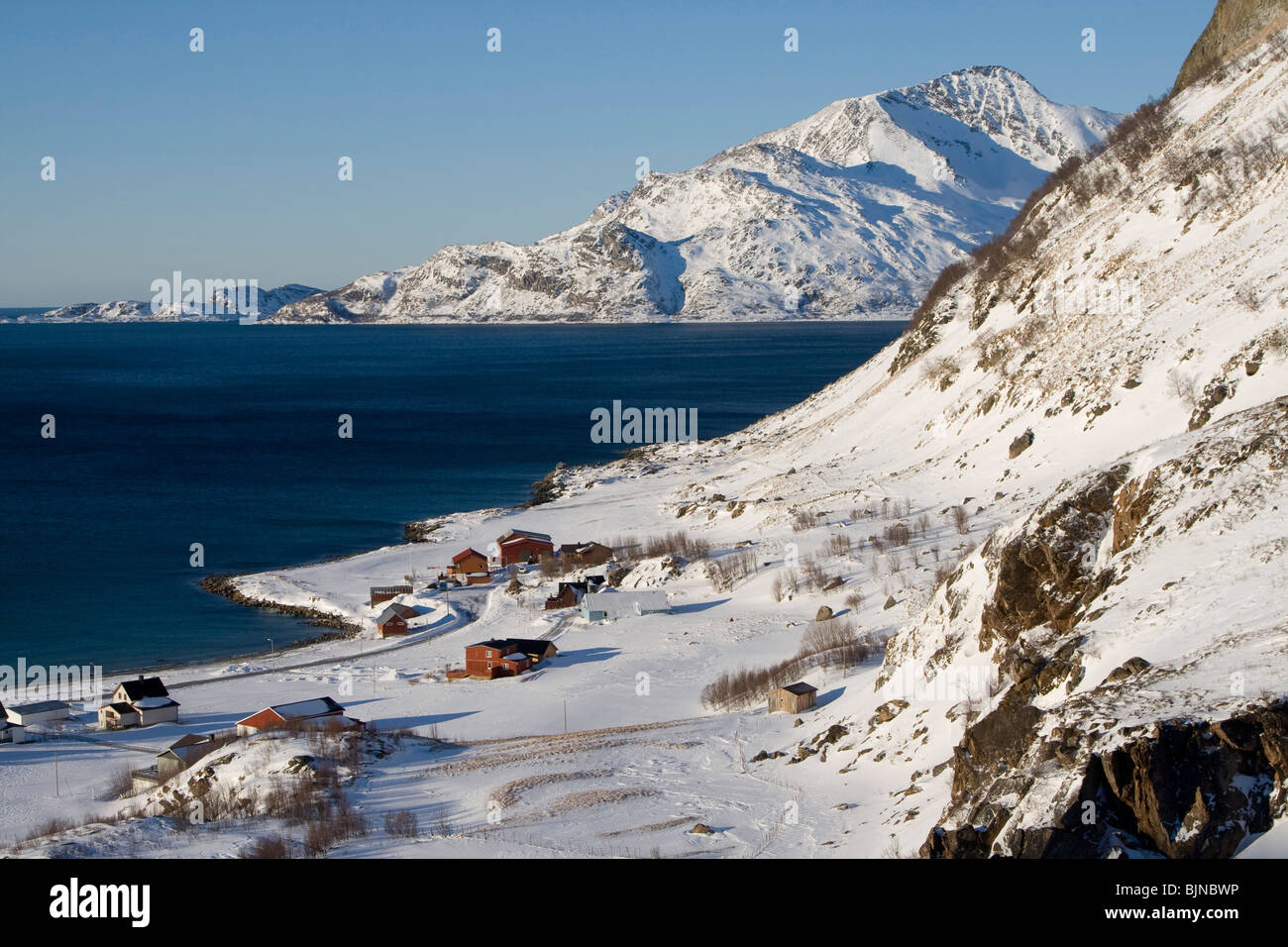 grotfjord beach and village houses tromso coast Kvaløya norway arctic ...