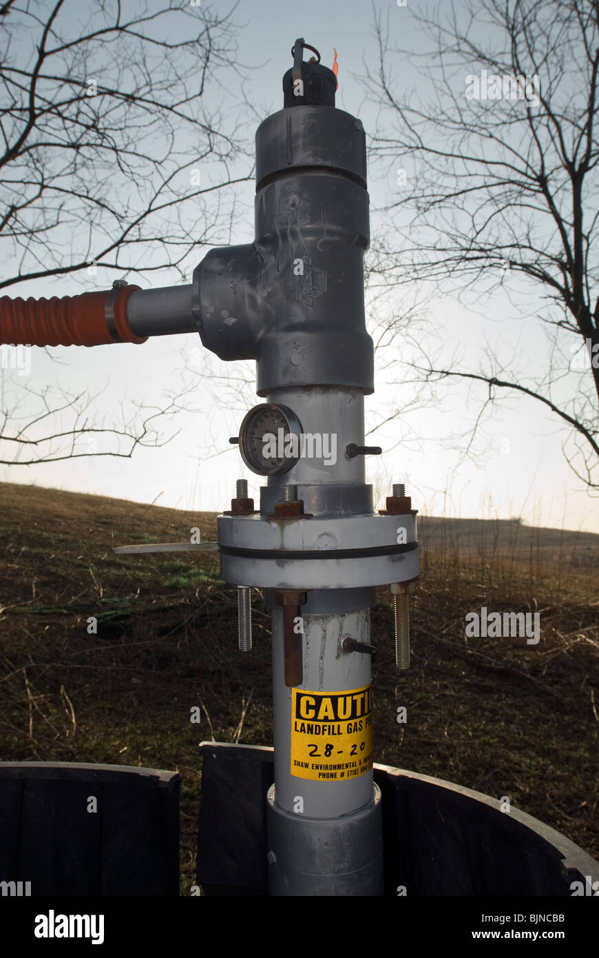 An active methane gas collection wellhead on Little South Mound in the ...