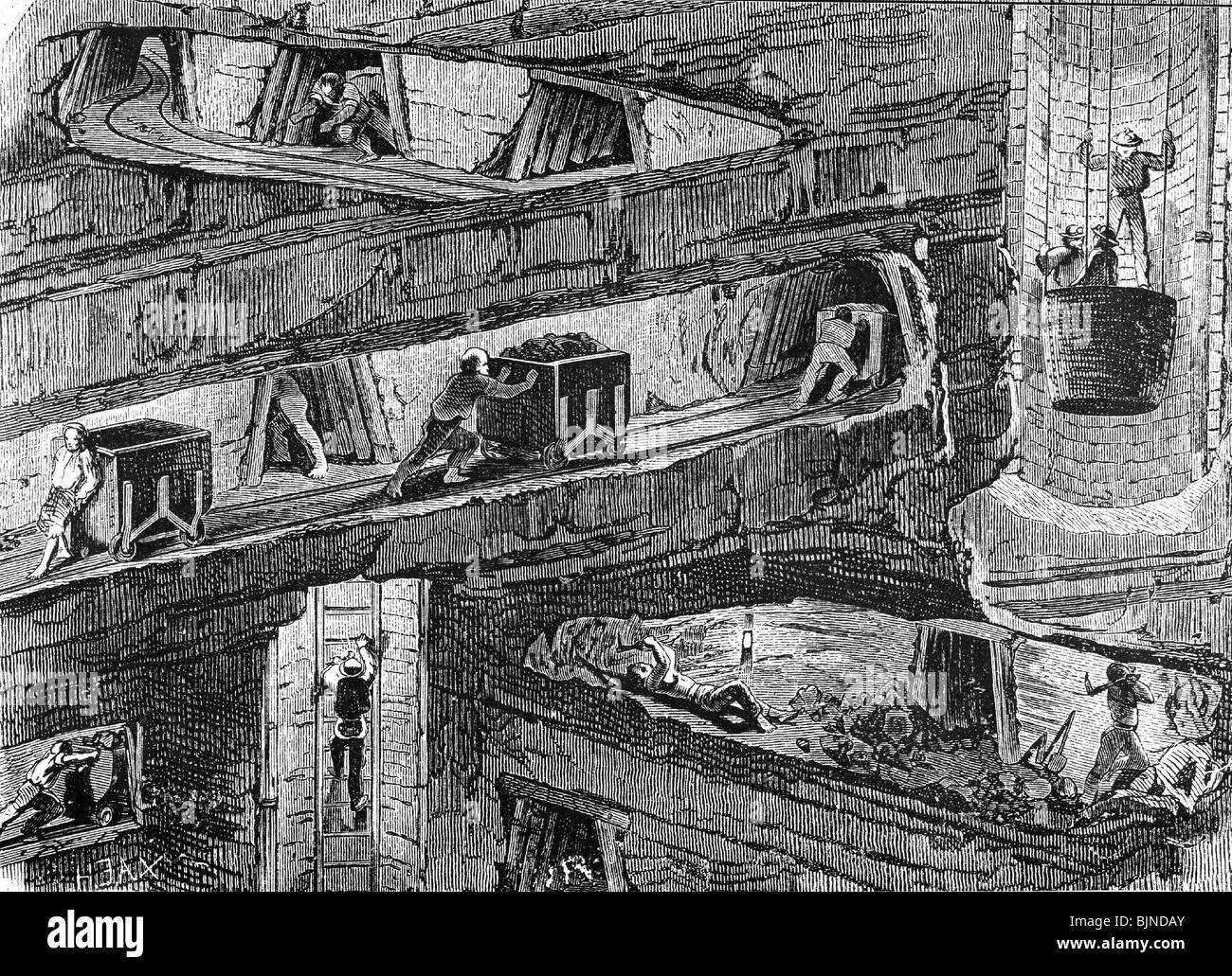 mining, mine, 19th century, cross-section, wood engraving, shaft Stock ...