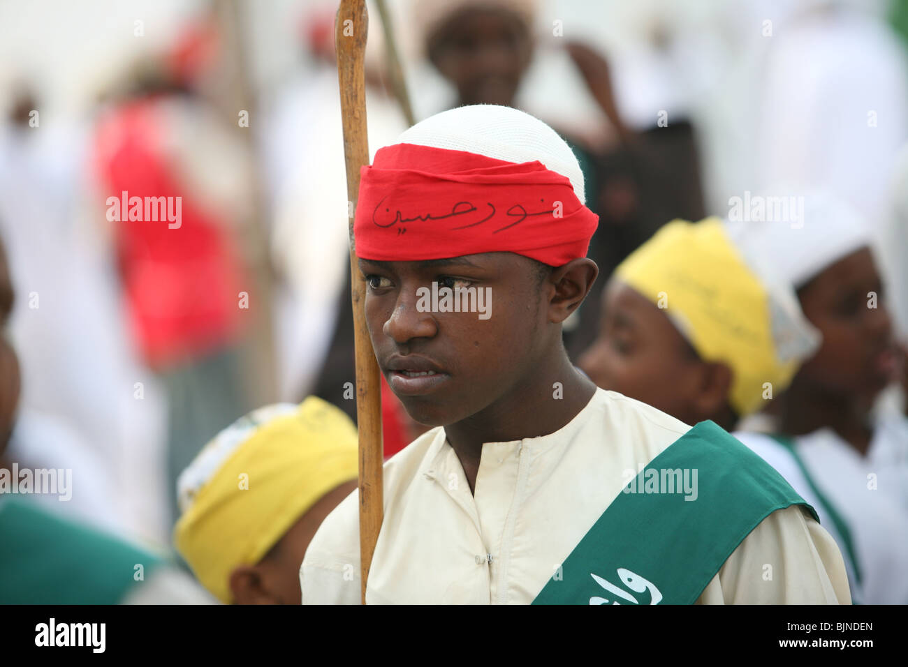 A portrait of a boy during Maulidi outside Riyadha Mosque Lamu Kenya ...