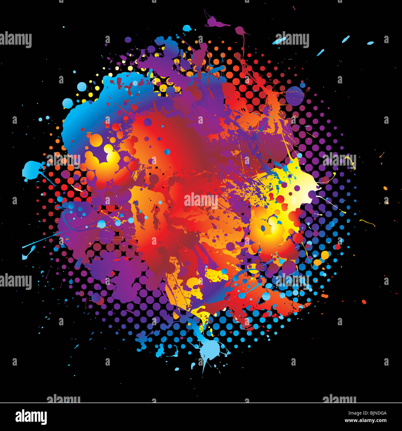 Bright abstract rainbow background with ink splat design and halftone ...
