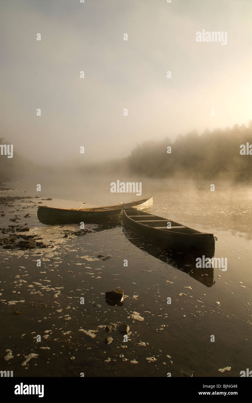 Canoes on the Miramichi River in New Brunswick, Canada used by salmon ...