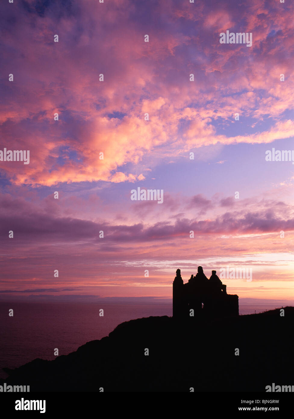 On sea cliffs Dunskey Castle silhouetted against the sunset looking up ...