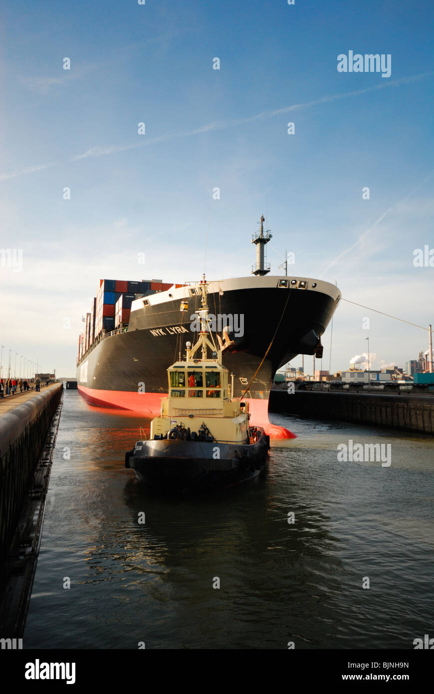 Huge container ship from NYK line in the harbor of IJmuiden, Holland ...