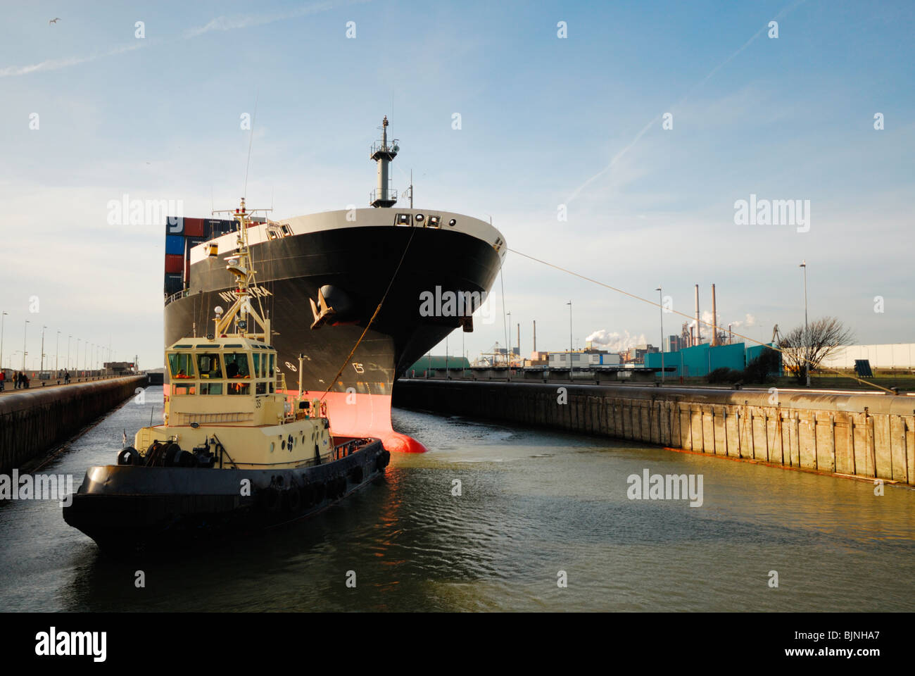 Huge container ship from NYK line in the harbor of IJmuiden, Holland ...