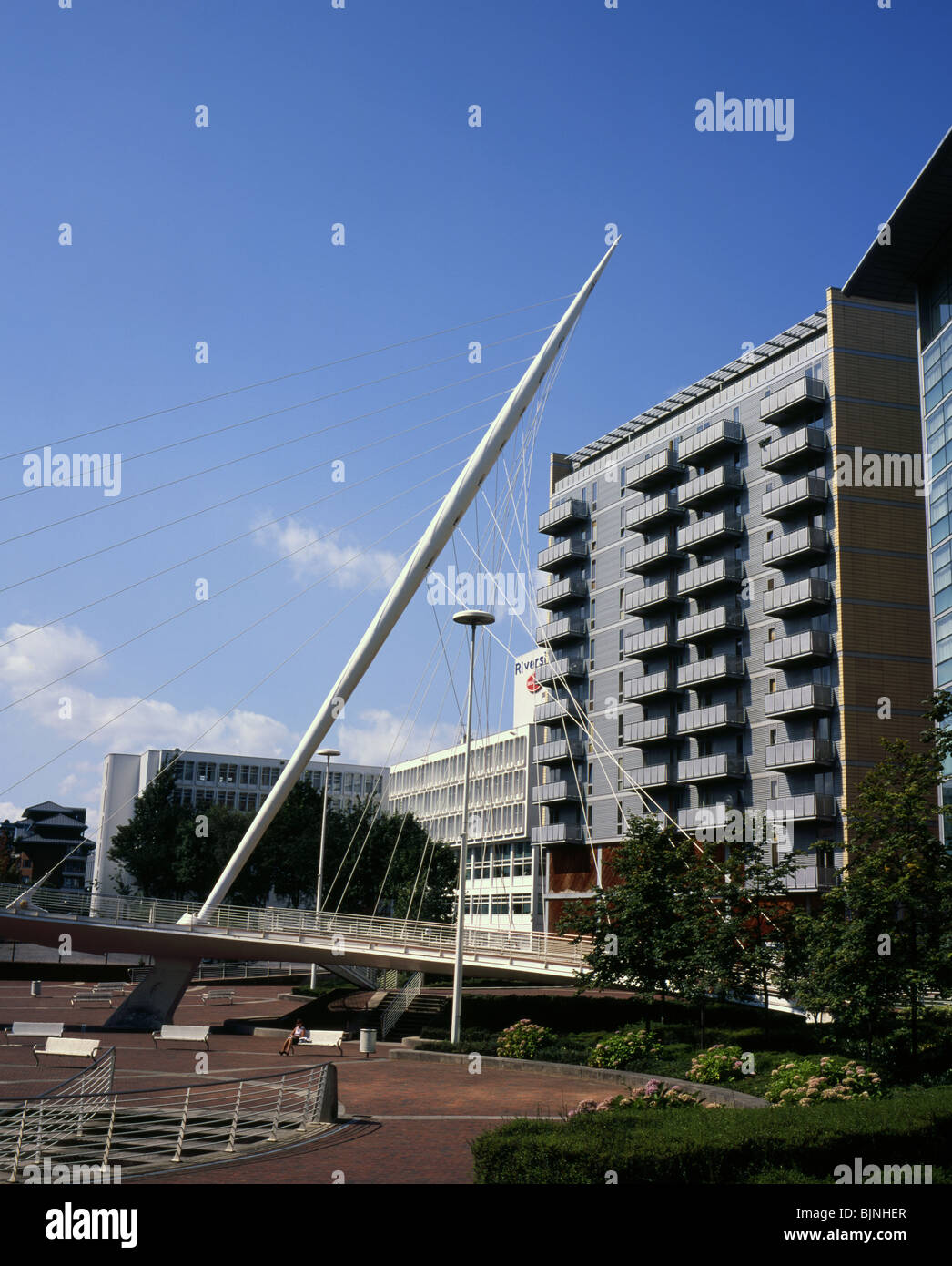 Footbridge spanning The River Irwell near The Lowry Hotel Manchester ...