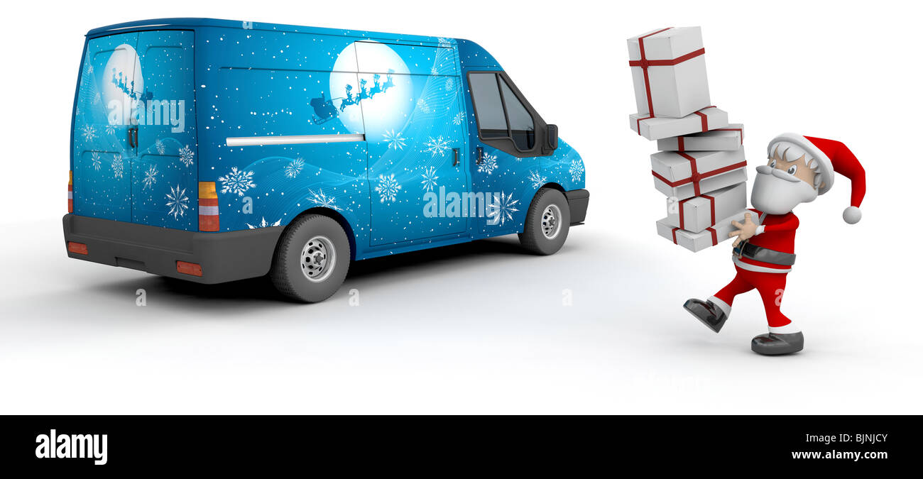 3D Render of a Christmas delivery van with Santa Claus Stock Photo - Alamy