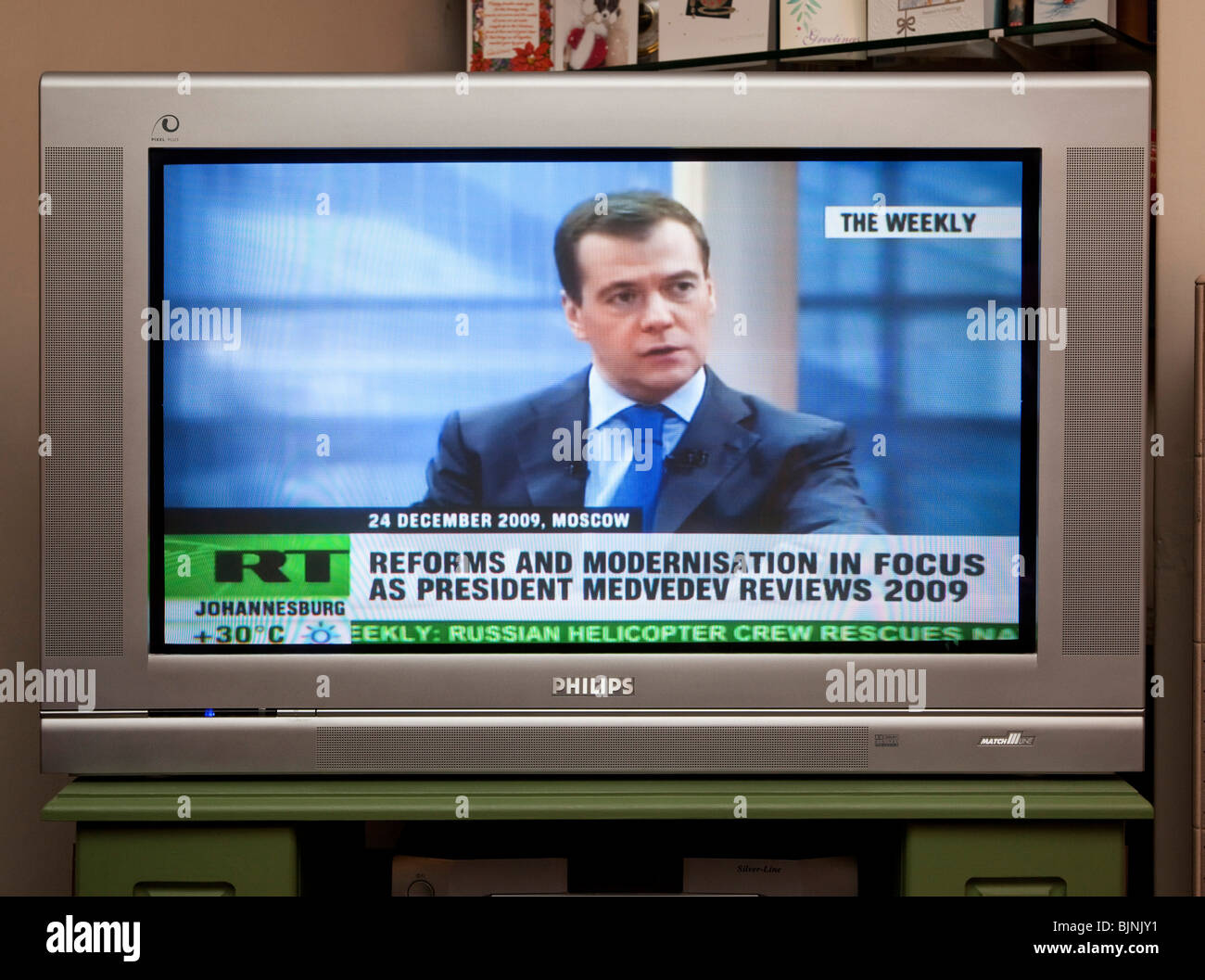 TV screen showing Russian President Medvedev on Russia Today Stock ...