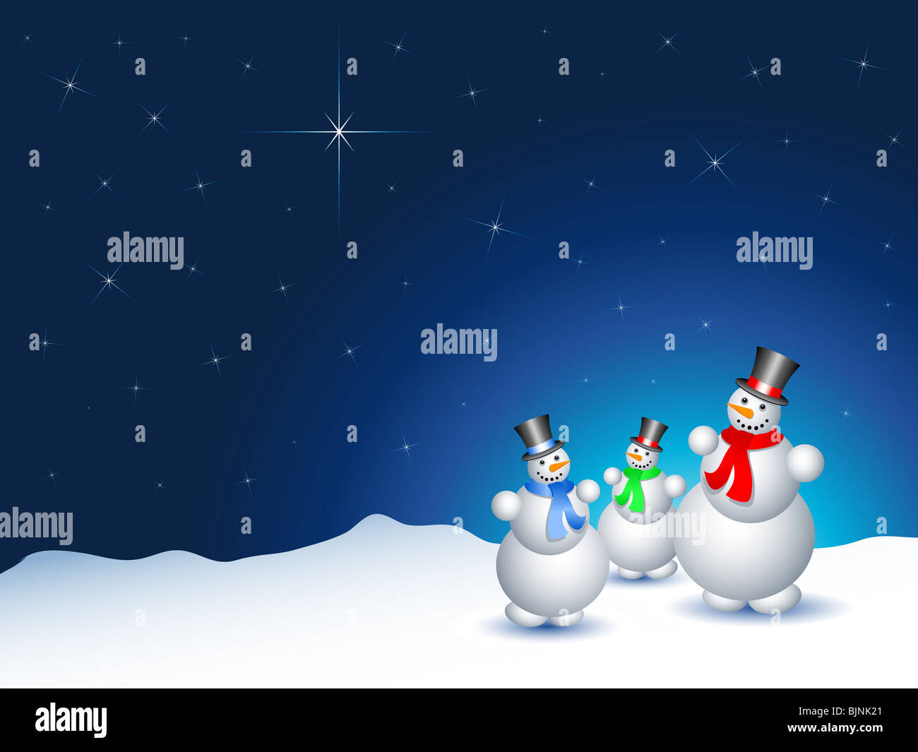 Snowmen on a snowy night with a starry sky Stock Photo - Alamy