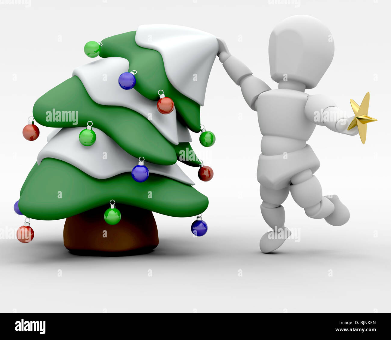 3D render of a man placing the star atop a Christmas tree Stock Photo ...