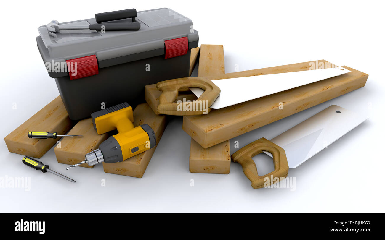 3D render of a power drill, wood and tools Stock Photo - Alamy
