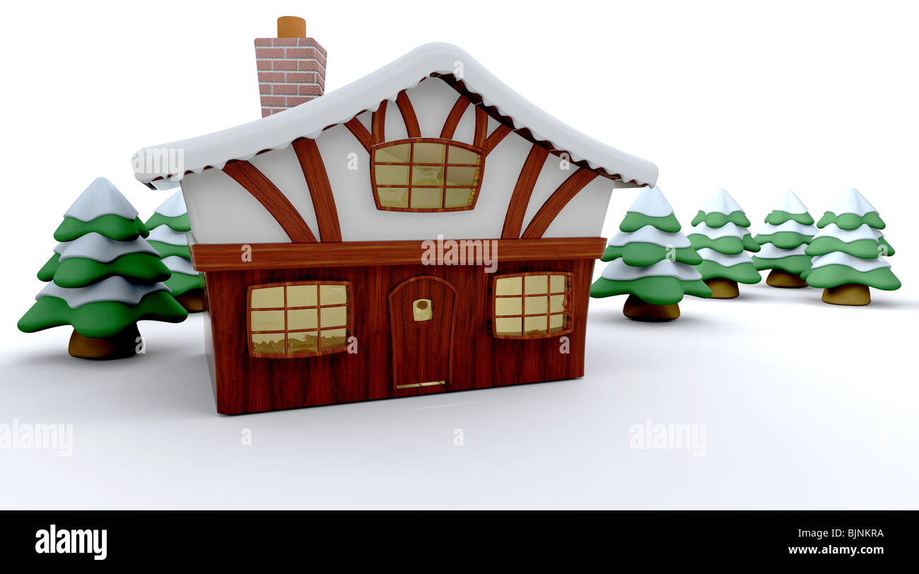 3d render of a winter cabin and christmas trees Stock Photo - Alamy