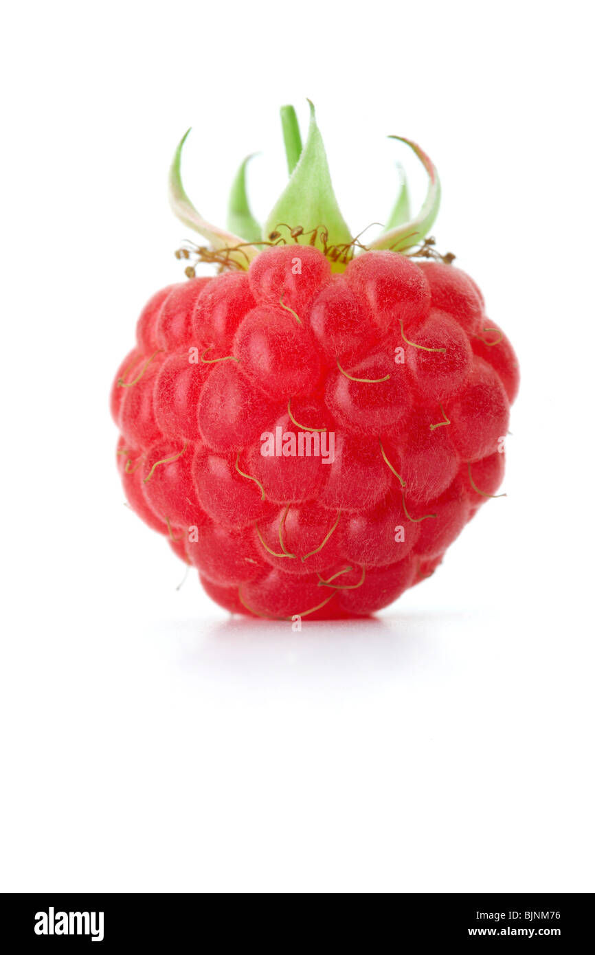Raspberry with green leaves on white background Stock Photo - Alamy